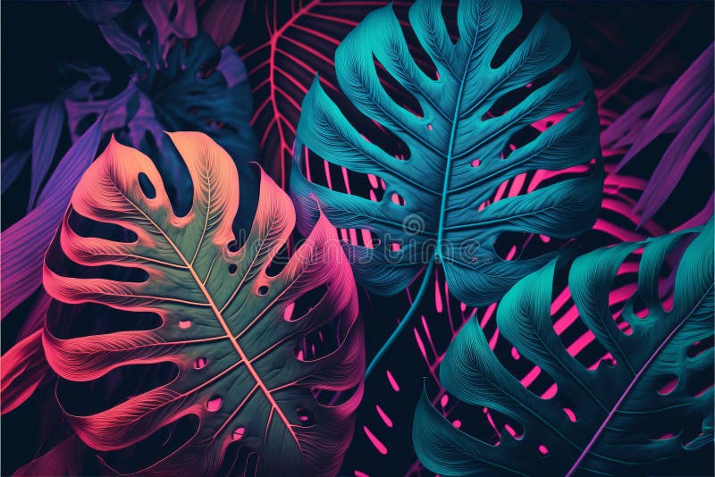 Tropical Leaf Background, Neon Glow Color Toned Stock Illustration ...