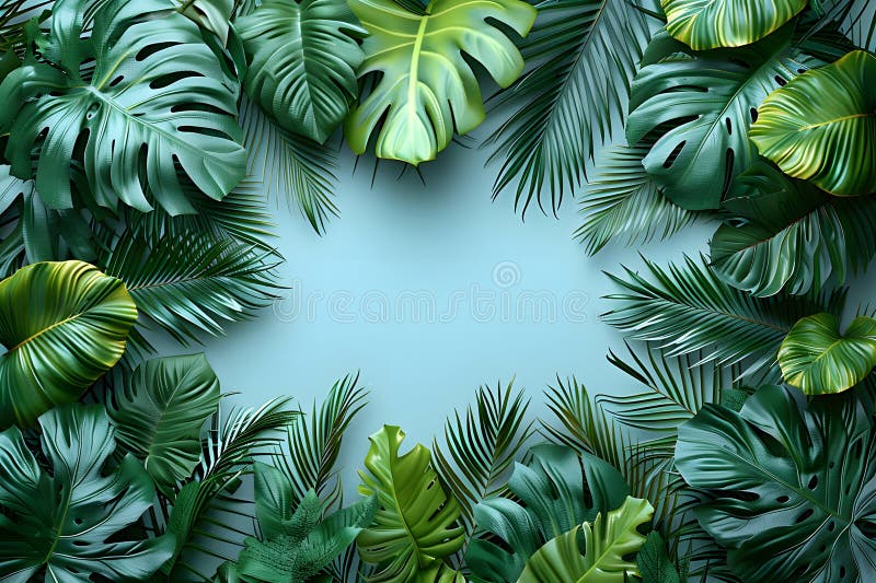 Tropical Leaf Frame with Lush Green Foliage on Light Blue Background ...