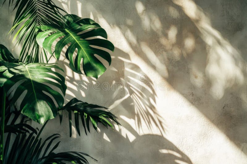 Tropical Leaves Casting Shadows on a Beige Wall Stock Illustration ...