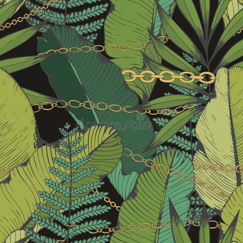Tropical Leaves and Chains. Vector Seamless Pattern. Hand Drawing Stock ...