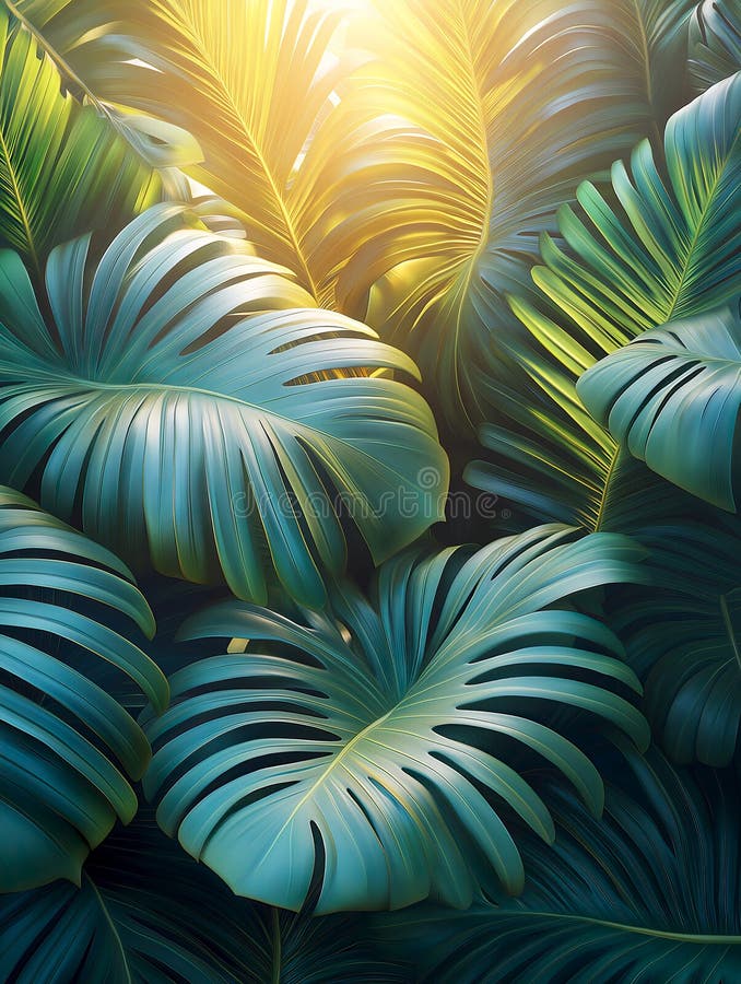 Tropical Leaves Fill the Frame, Basking in Soft Sunlight that Filters ...