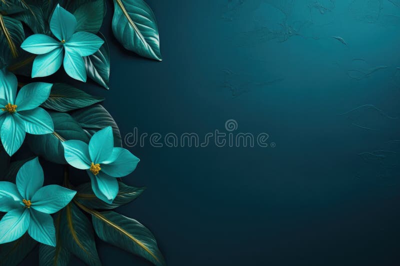Tropical Leaves and Flowers on Turquoise Background. Copy Space for ...
