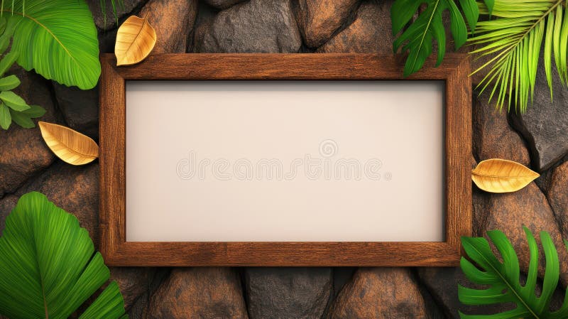 Tropical Leaves Frame Blank White Paper on Rustic Wooden Background for ...