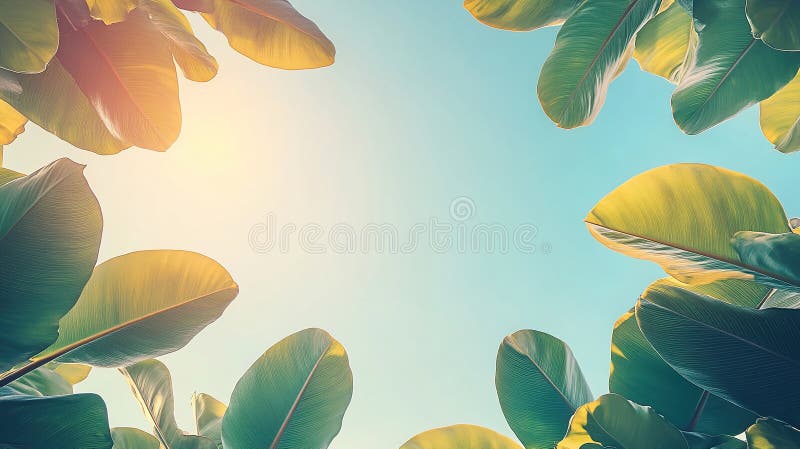 Tropical Leaves Frame Sunny Sky; Nature Banner Stock Photo - Image of ...