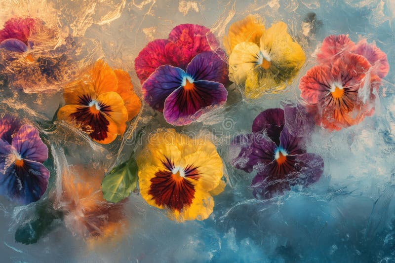 Tropical Leaves Frozen Under the Ice Plate Multicolored Background, AI ...