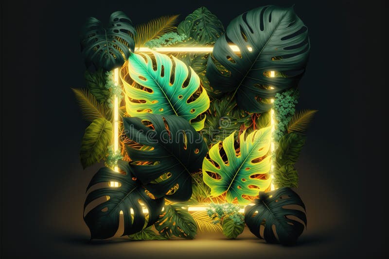 Tropical Leaves Illuminated with White Fluorescent Light Illustration ...