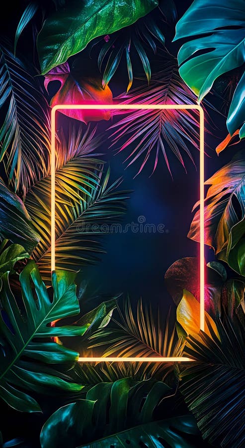 Tropical Leaves and Neon Frame. Surreal Tropical Background. Tropical ...