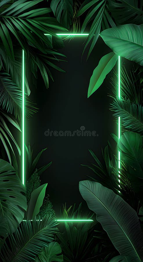 Tropical Leaves and Neon Frame. Surreal Tropical Background. Tropical ...
