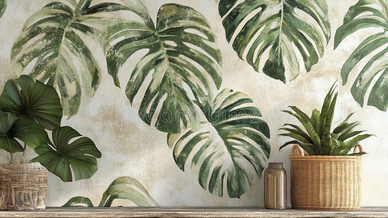 Tropical Leaves on a Neutral Wall Backdrop. Stock Photo - Image of ...