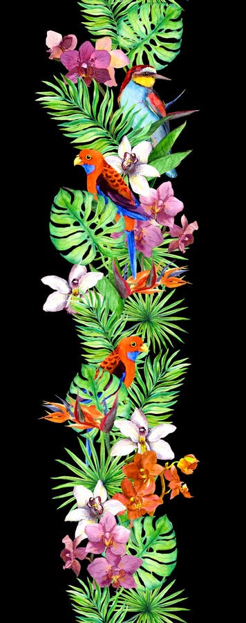 Tropical Leaves, Orchid Flowers, Exotic Birds. Repeating Exotic Border ...