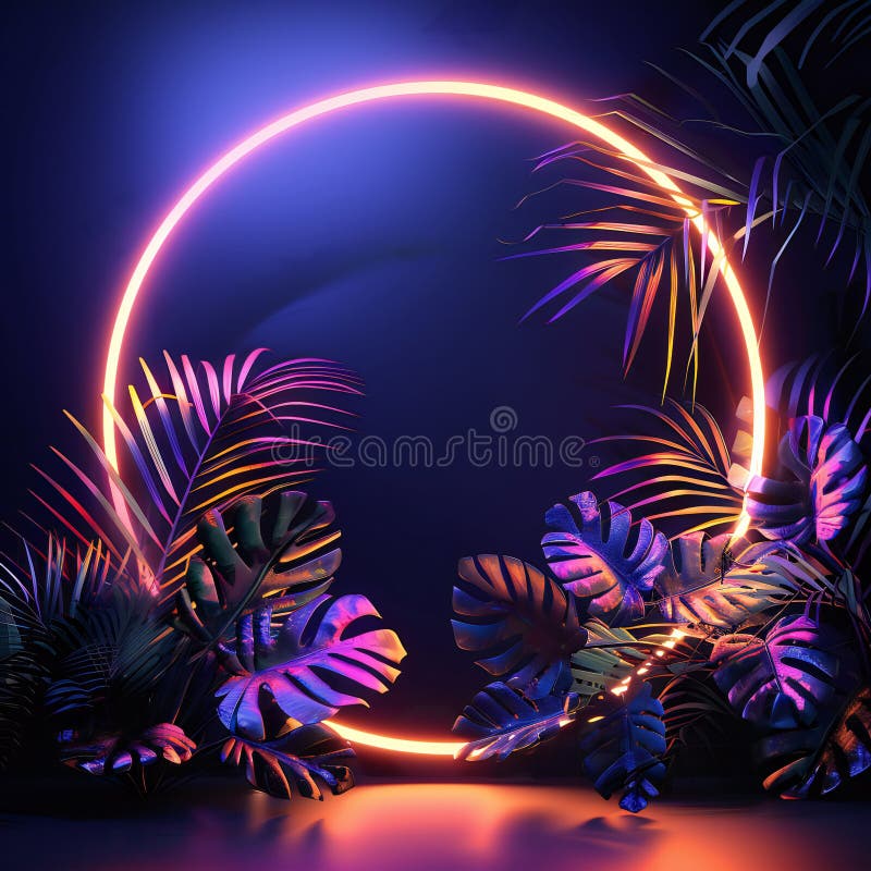 Tropical Leaves Plants with Circular Bright Light Neon Frame Stock ...