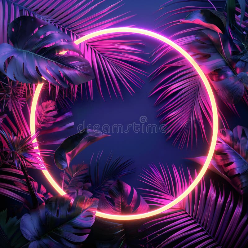 Tropical Leaves Plants with Circular Bright Light Neon Frame Stock ...