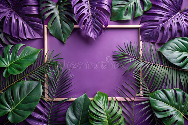Tropical Leaves and Purple Rectangular Frame AI-Created Content Stock ...