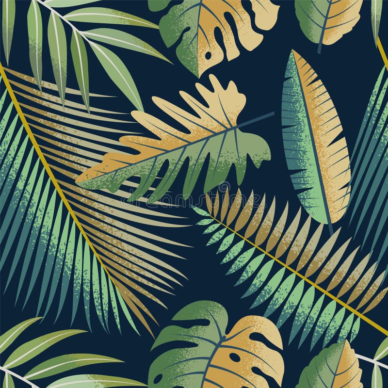 Tropical Leaves Seamless Pattern on Dark Background. Stock Vector ...