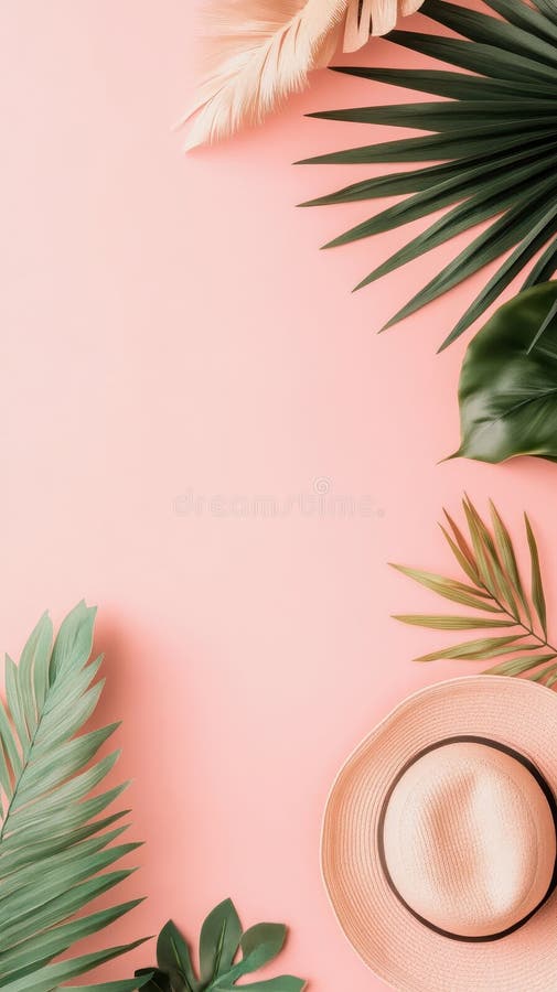 Tropical Leaves and Woven Hat Arranged on a Soft Pink Background Create ...