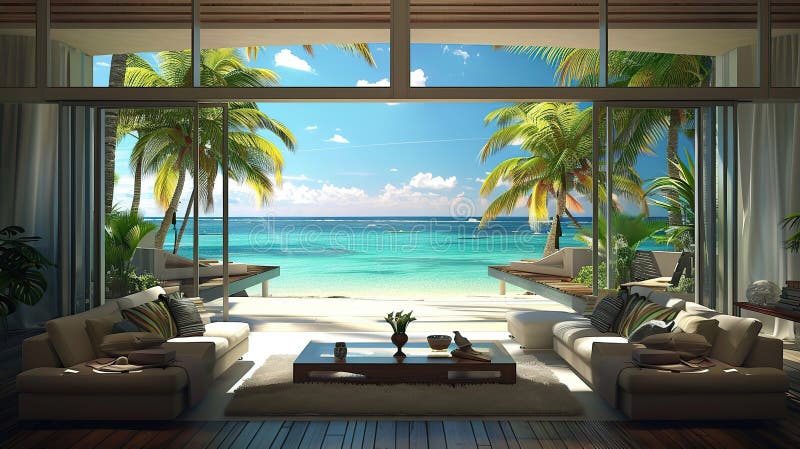 Tropical Living Room with Stunning Ocean View, Back View Stock ...