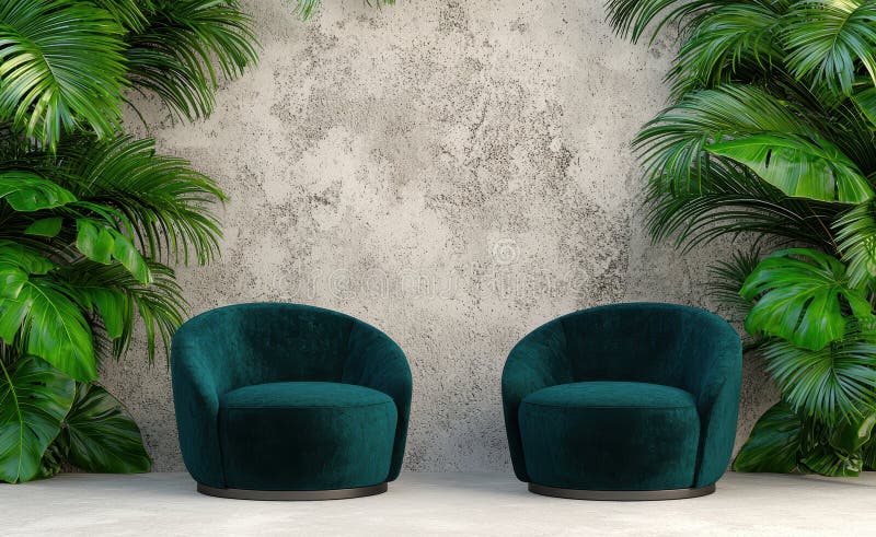 Tropical Lounge Chairs in Lush Greenery Stock Illustration ...