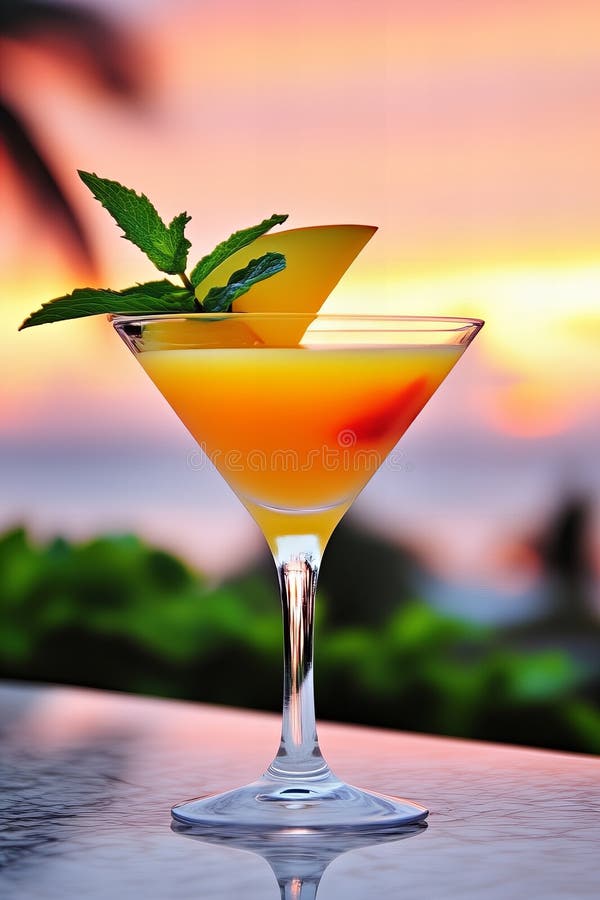 Tropical Mango Cocktail with Mint Garnish at Sunset Stock Illustration ...