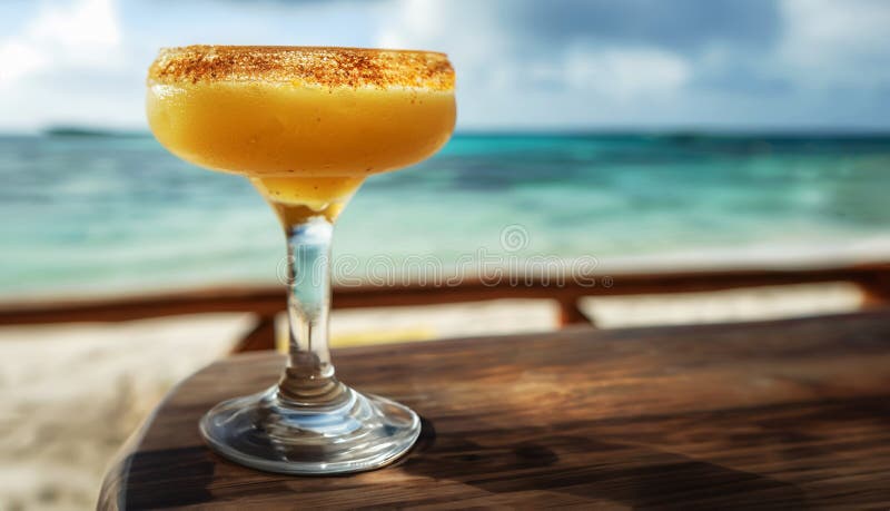 Tropical Mango Cocktail on a Wooden Bar with an Ocean Backdrop Stock ...