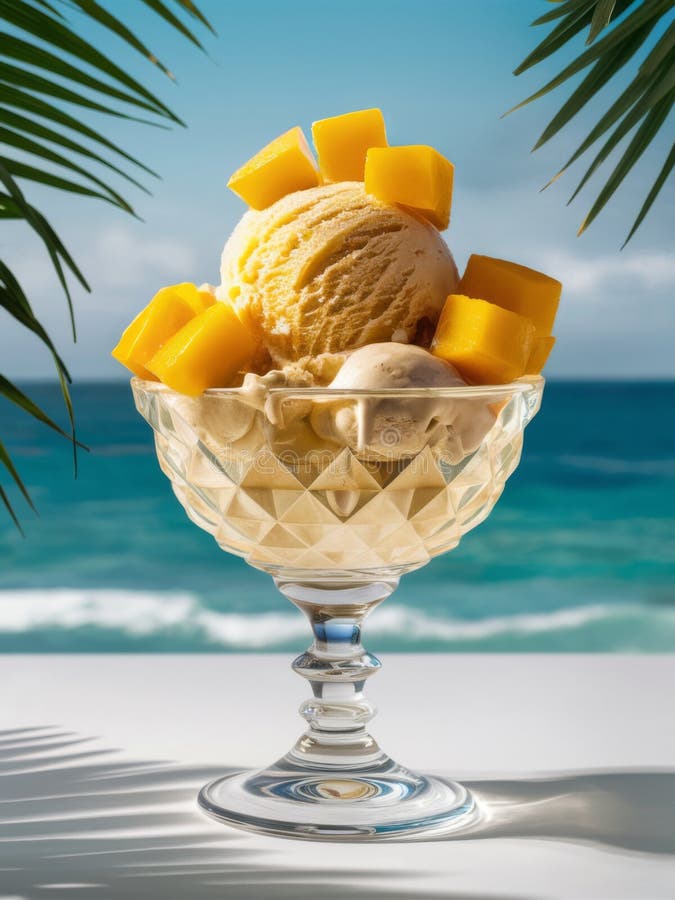 Tropical Mango Ice Cream Sundae on Beachside Resort Table with Ocean ...