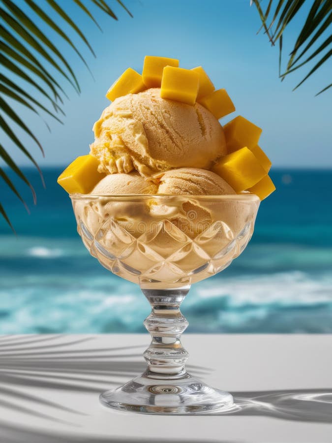 Tropical Mango Ice Cream Sundae on Beachside Resort Table with Ocean ...