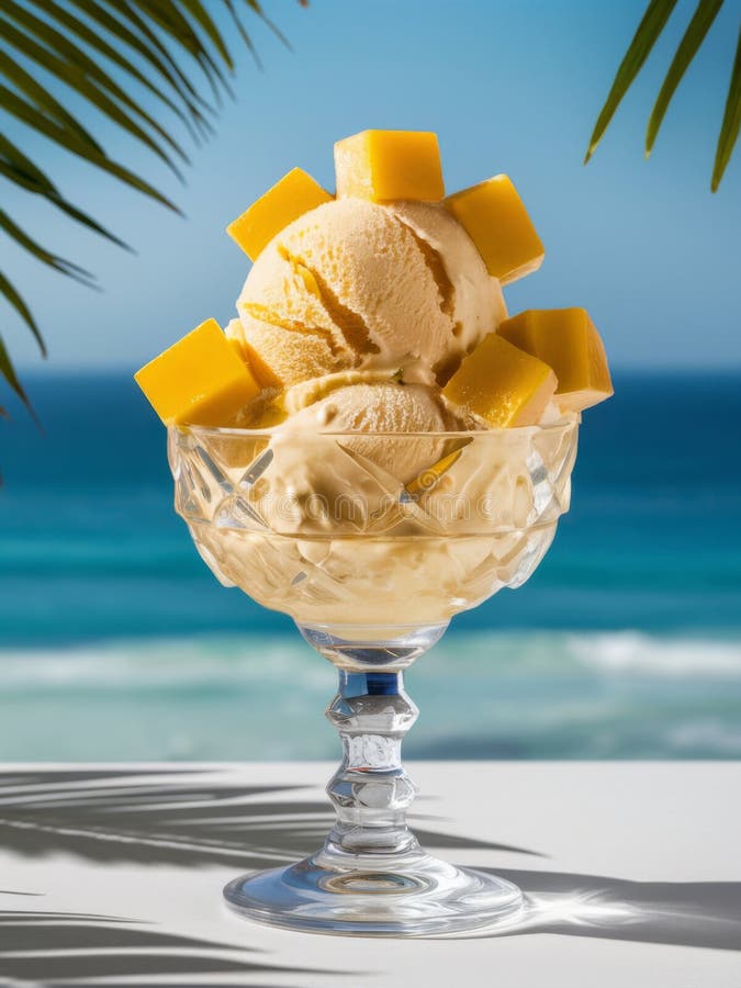 Tropical Mango Ice Cream Sundae on Beachside Resort Table with Ocean ...
