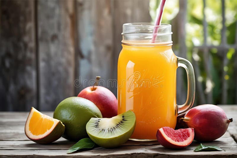 Tropical Mango and Pineapple Juice with Ice Cubes in a Mason Jar Stock ...