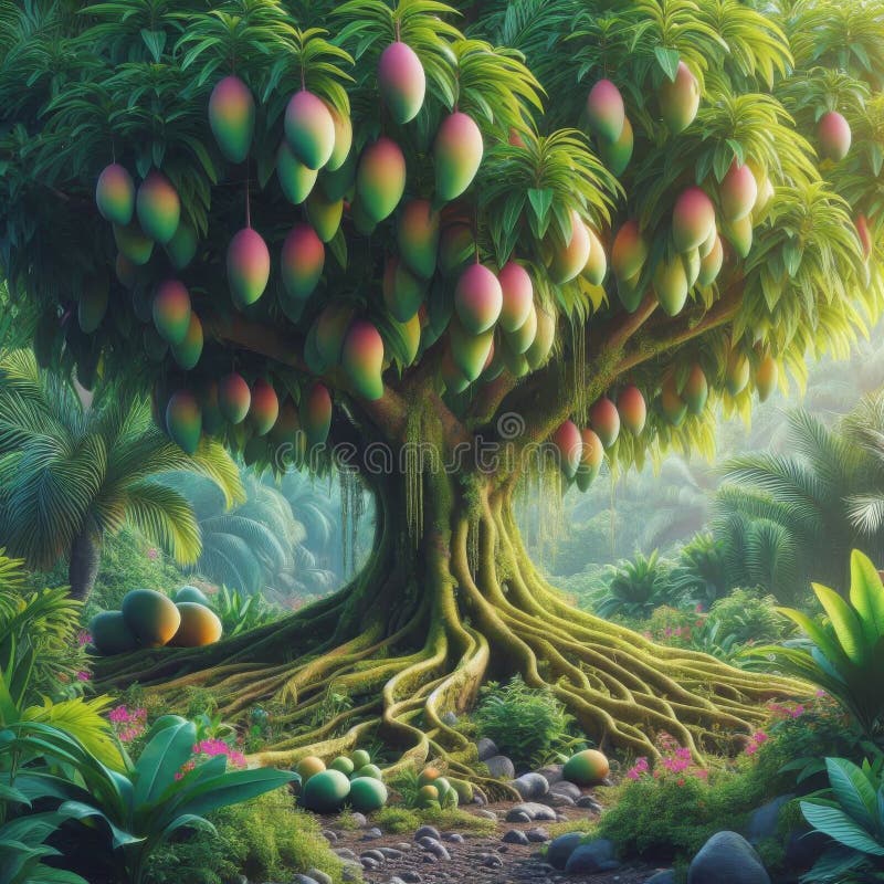 Tropical Mango Tree with Fresh Fruits Stock Illustration - Illustration ...