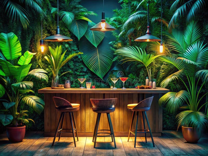Tropical Martini Bar Scene Lush Greenery Inviting Chairs and Ample Copy ...