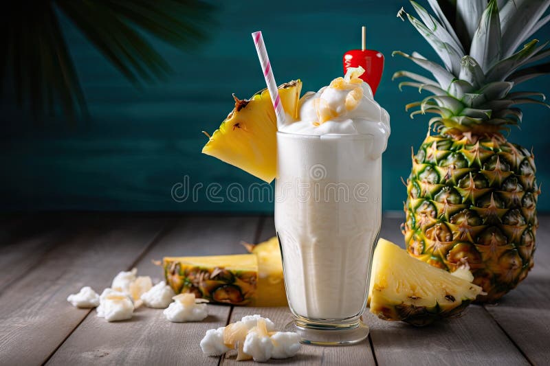 Tropical Milkshake with Umbrella and Pineapple Slice on the Side Stock ...