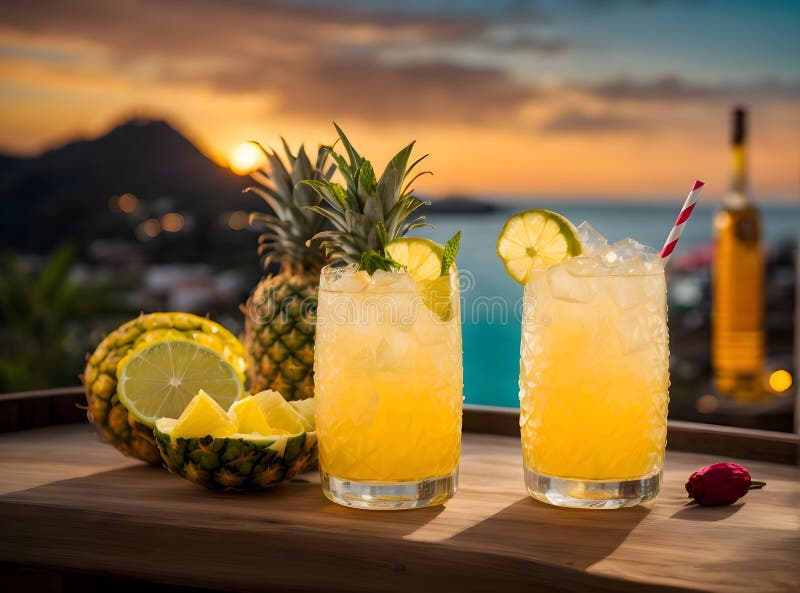 Tropical Mocktail Cocktail At Sunset On The Beach Stock Illustration Illustration Of Garnish