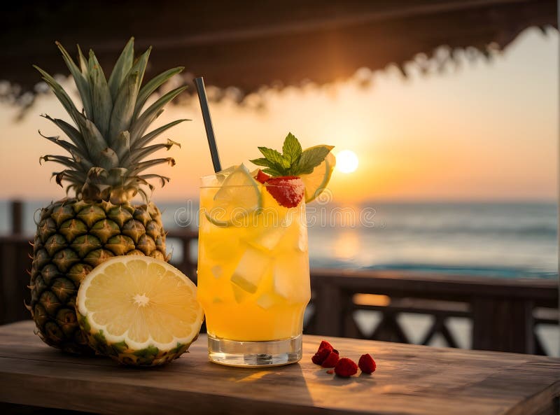 Tropical Mocktail Cocktail at Sunset on the Beach Stock Illustration ...