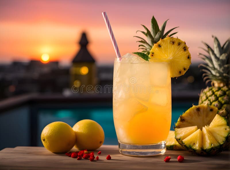 Tropical Mocktail Cocktail at Sunset on the Beach Stock Illustration ...