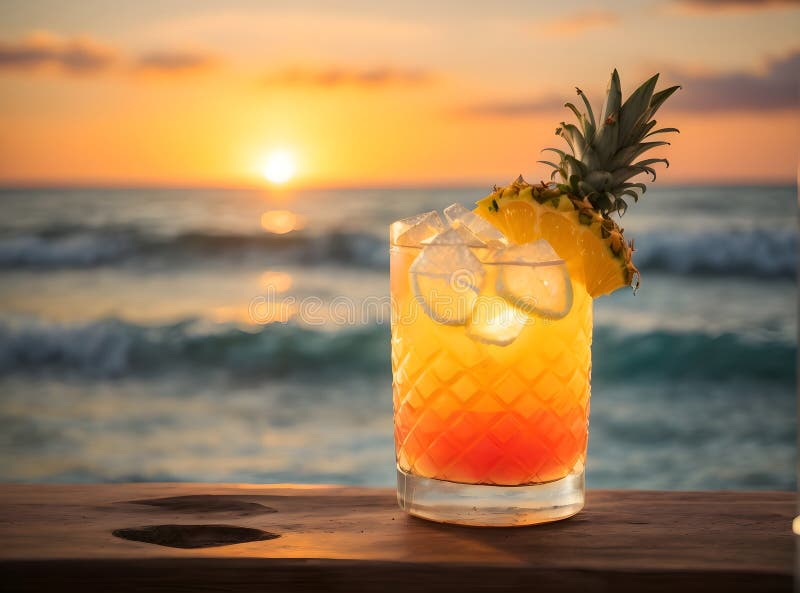 Tropical Mocktail Cocktail at Sunset on the Beach Stock Illustration ...