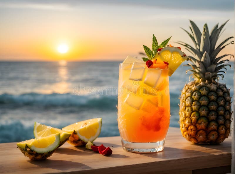 Tropical Mocktail Cocktail at Sunset on the Beach Stock Illustration ...