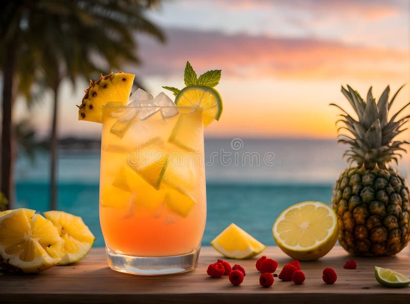 Tropical Mocktail Cocktail at Sunset on the Beach Stock Illustration ...