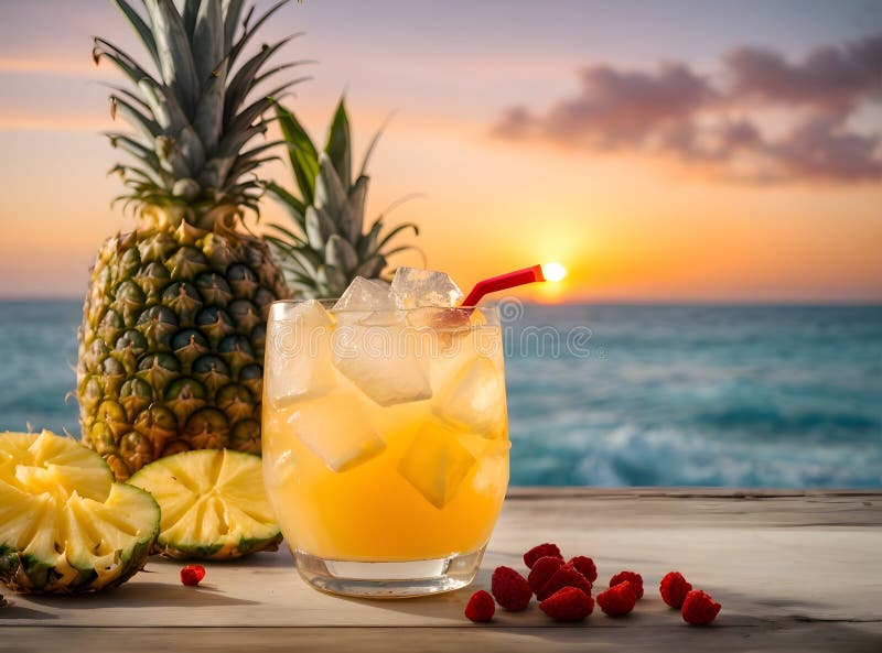 Tropical Mocktail Cocktail at Sunset on the Beach Stock Illustration ...