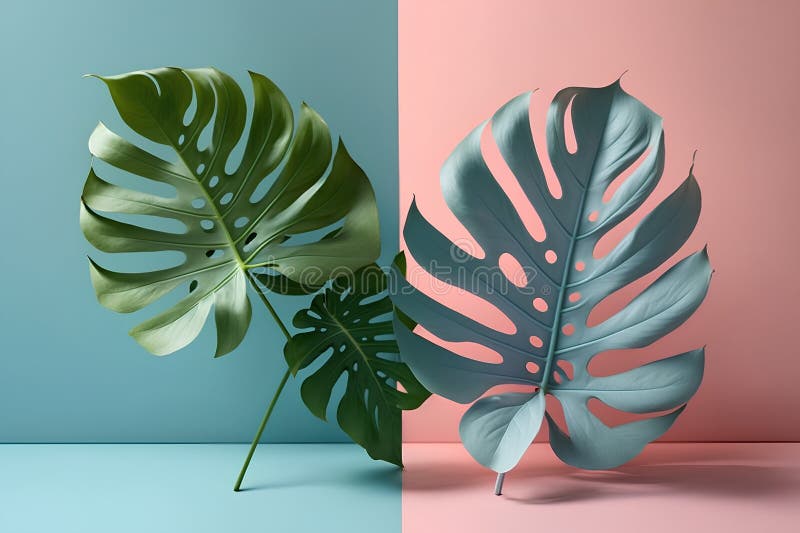 Tropical Monstera Leaves on Blue and Pink Background. 3d Rendering ...