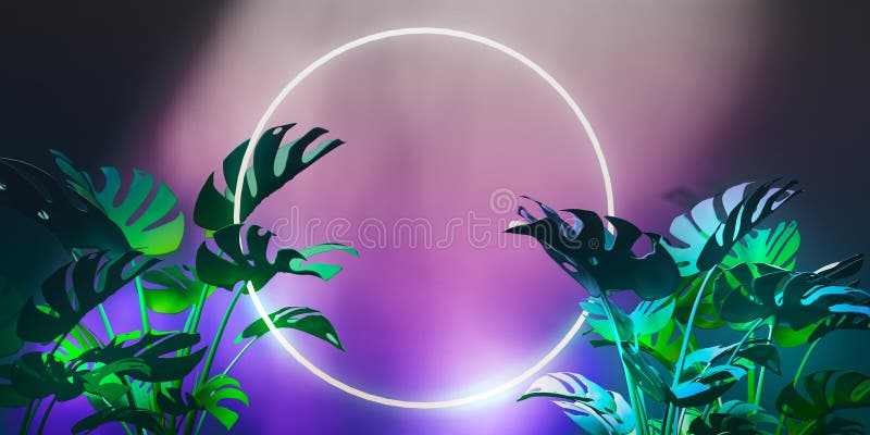 Tropical Monstera Leaves with Neon Light - 3D Stock Illustration ...
