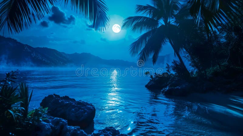 Tropical Moonlit Night by the River Stock Image - Image of exotic ...