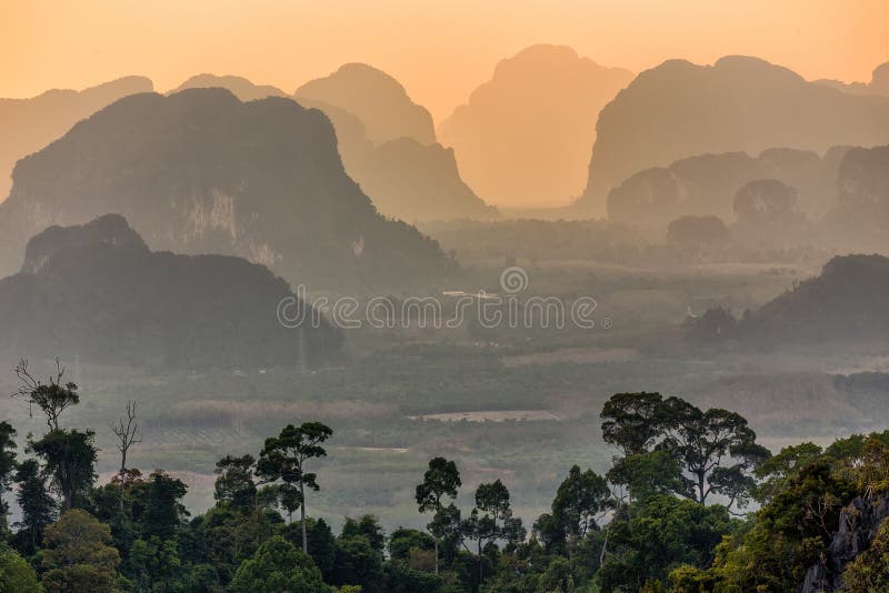 Tropical Mountain Landscape at Dusk Stock Image - Image of outline ...