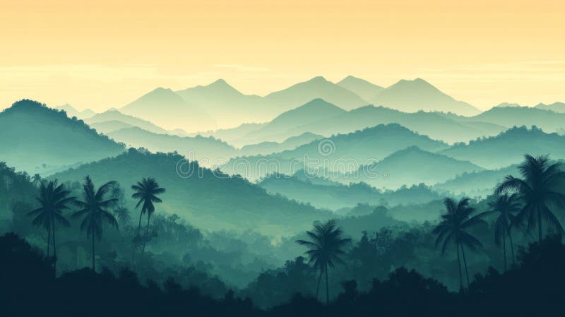 Tropical Mountain Range at Sunset Stock Illustration - Illustration of ...