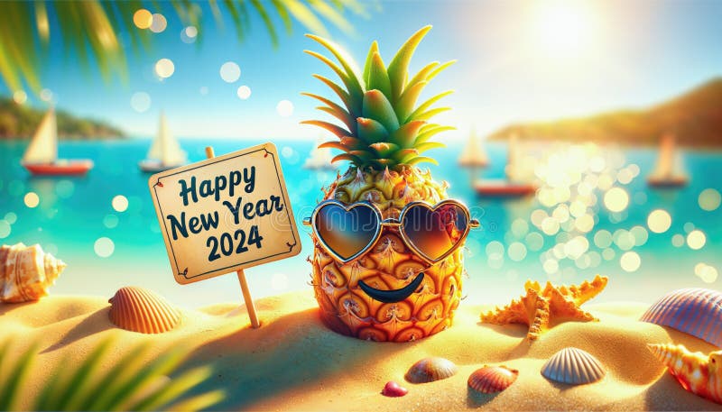 Tropical New Year Celebration, Pineapple with Sunglasses on the Beach ...