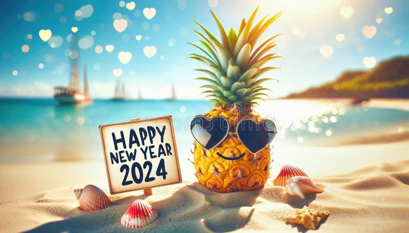 Tropical New Year Celebration, Pineapple with Sunglasses on the Beach ...