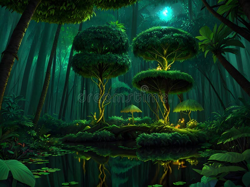 Tropical Night Forest with Magic Lights, Generative AI Illustration ...