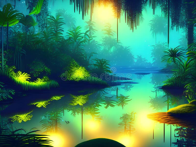 Tropical Night Forest with Magic Lights, Generative AI Illustration ...
