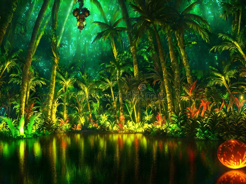 Tropical Night Forest with Magic Lights, Generative AI Illustration ...