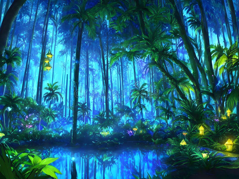 Tropical Night Forest with Magic Lights, Generative AI Illustration ...