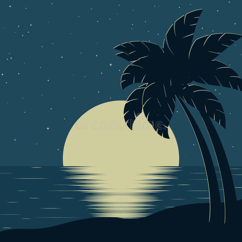 Tropical Night Landscape with Palm Trees and Moon Reflection Stock ...