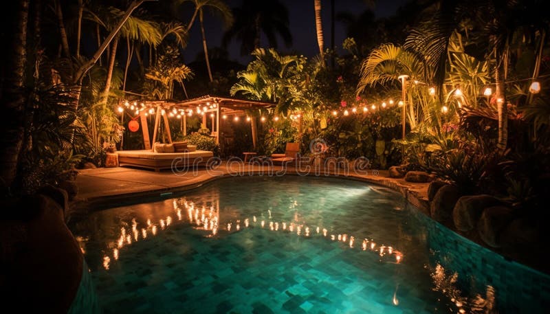 Tropical Night Poolside Luxury, Illuminated by Lanterns Generated by AI ...